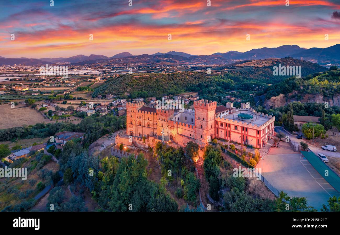 Majestic morning view from flying drone of Castelluccio Castle. Great ...