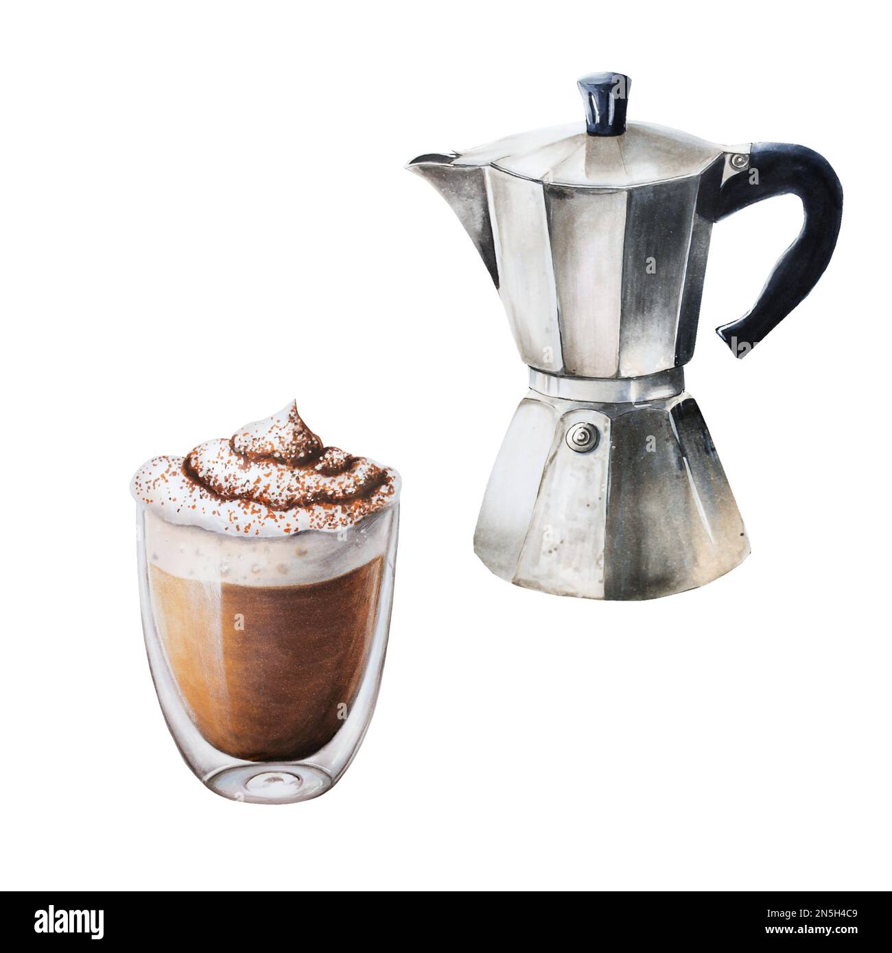 Watercolor illustration geyser coffee maker with cup of latte. Hand ...