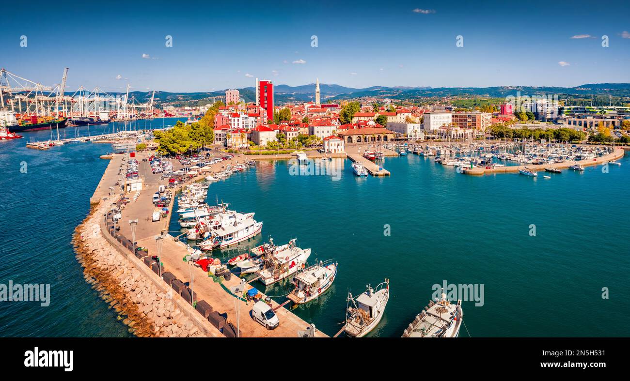 Adorable view from flying drone of Koper port. Colorful summer scene of ...