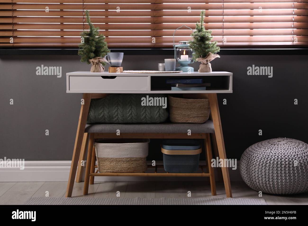 Modern room interior with table near window Stock Photo - Alamy