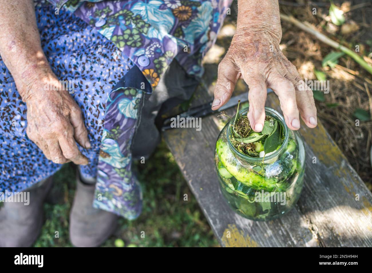 Jar of green pickles on old bench and great-grandmother Stock Photo - Alamy