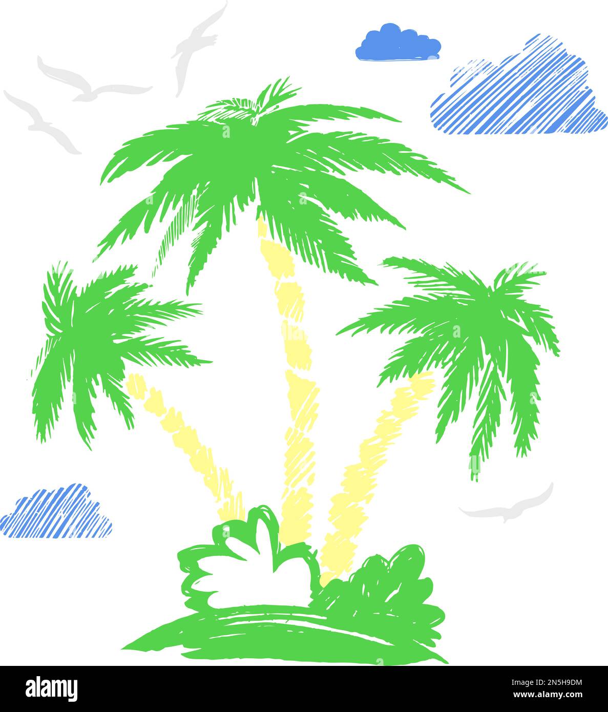 Beach palms childish drawing. Color crayon summer sketch Stock Vector ...