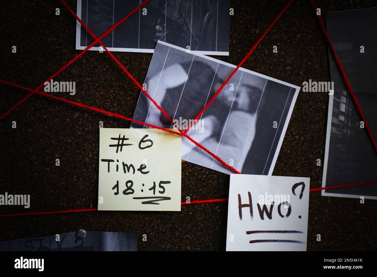 Detective board with crime scene photos, stickers, clues and red thread ...