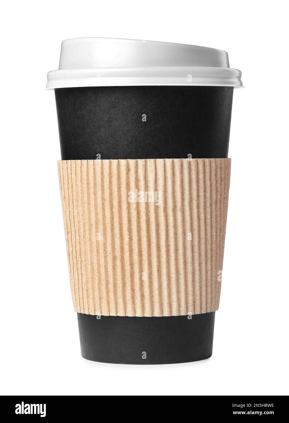 Black takeaway paper coffee cup with cardboard sleeve isolated on white ...