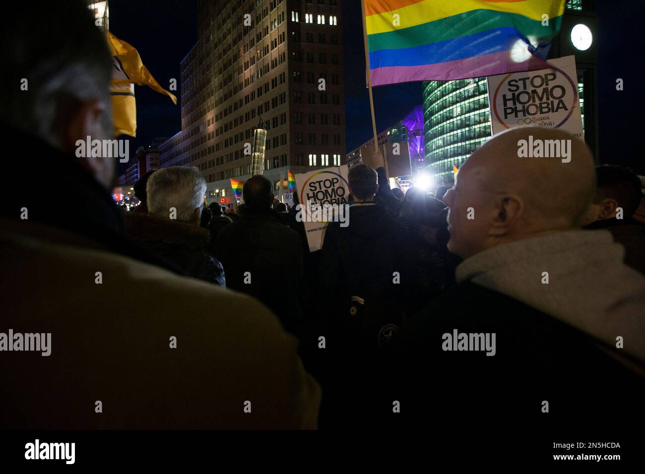 The crowd gather for the Rainbow Flame protest against homophobia on ...