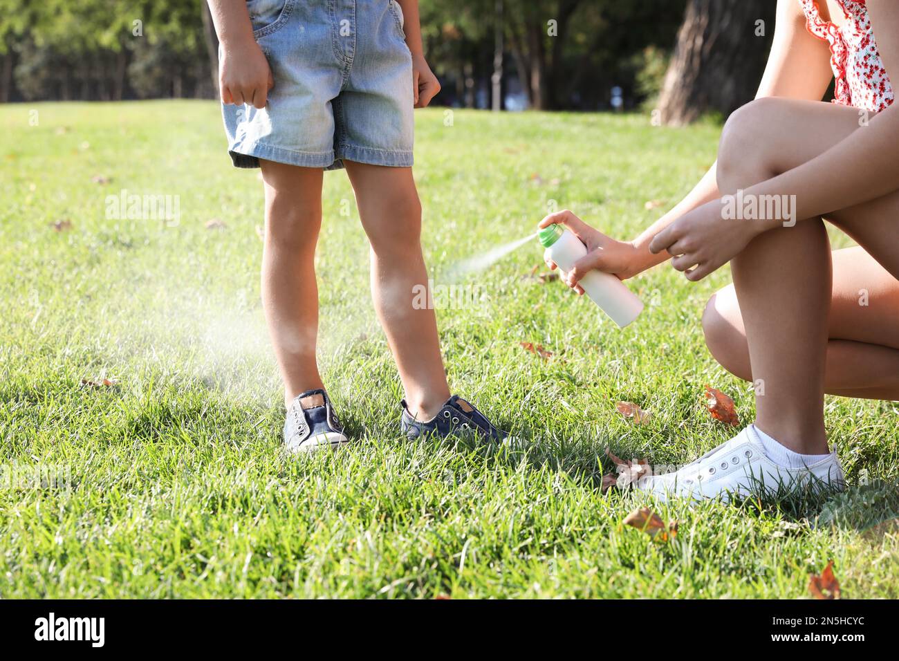 Mother applying insect repellent onto girl's leg in park, closeup Stock ...