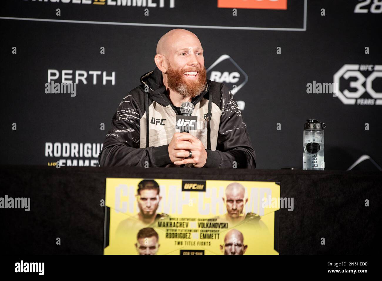 PERTH, AUSTRALIA - FEBRUARY 9: Josh Emmett addresses the press ahead of ...