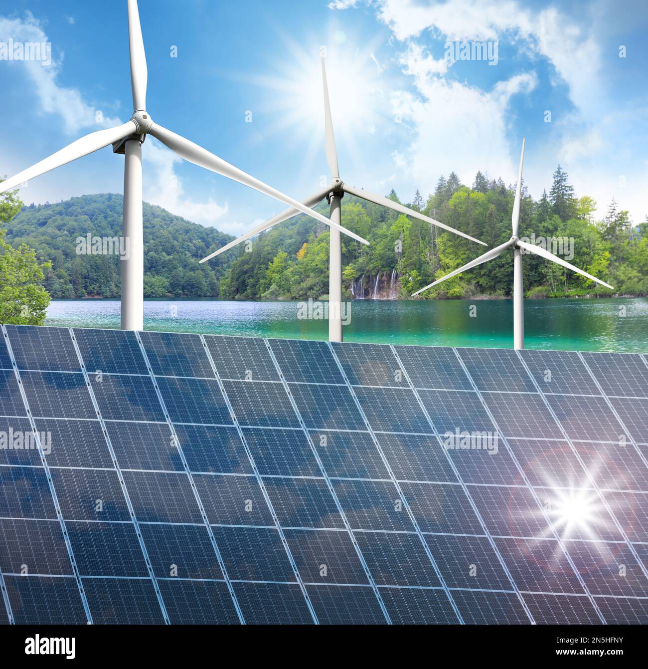 Alternative energy sources. Wind turbines installed in water, solar ...