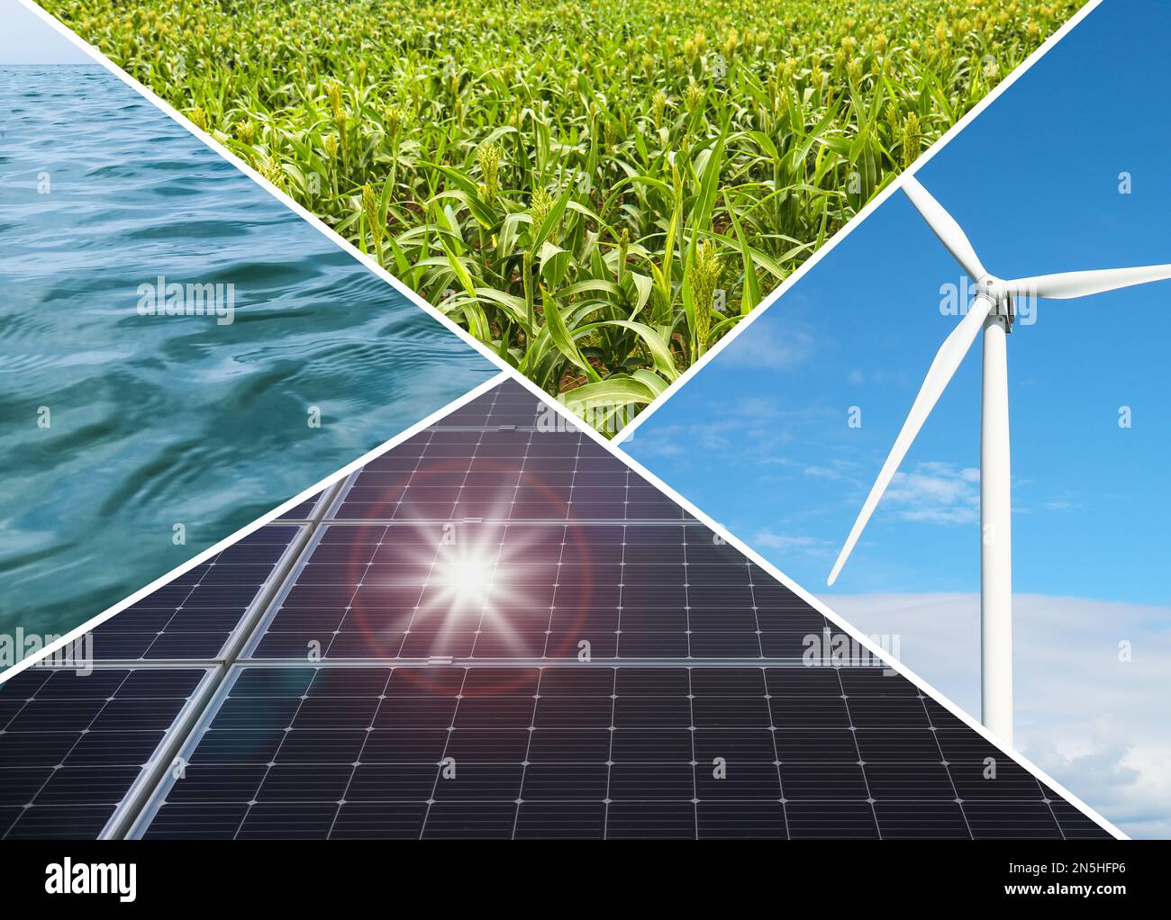 Collage with photos of water, field, solar panels and wind turbine ...