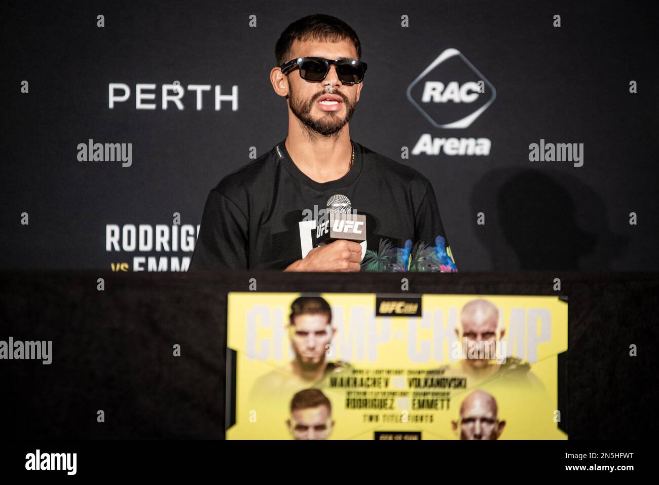 PERTH, AUSTRALIA - FEBRUARY 9: Yair Rodriguez addresses the press ahead ...