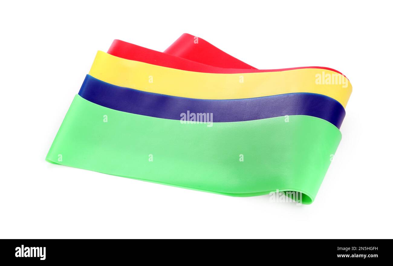Set of fitness elastic bands on white background Stock Photo - Alamy