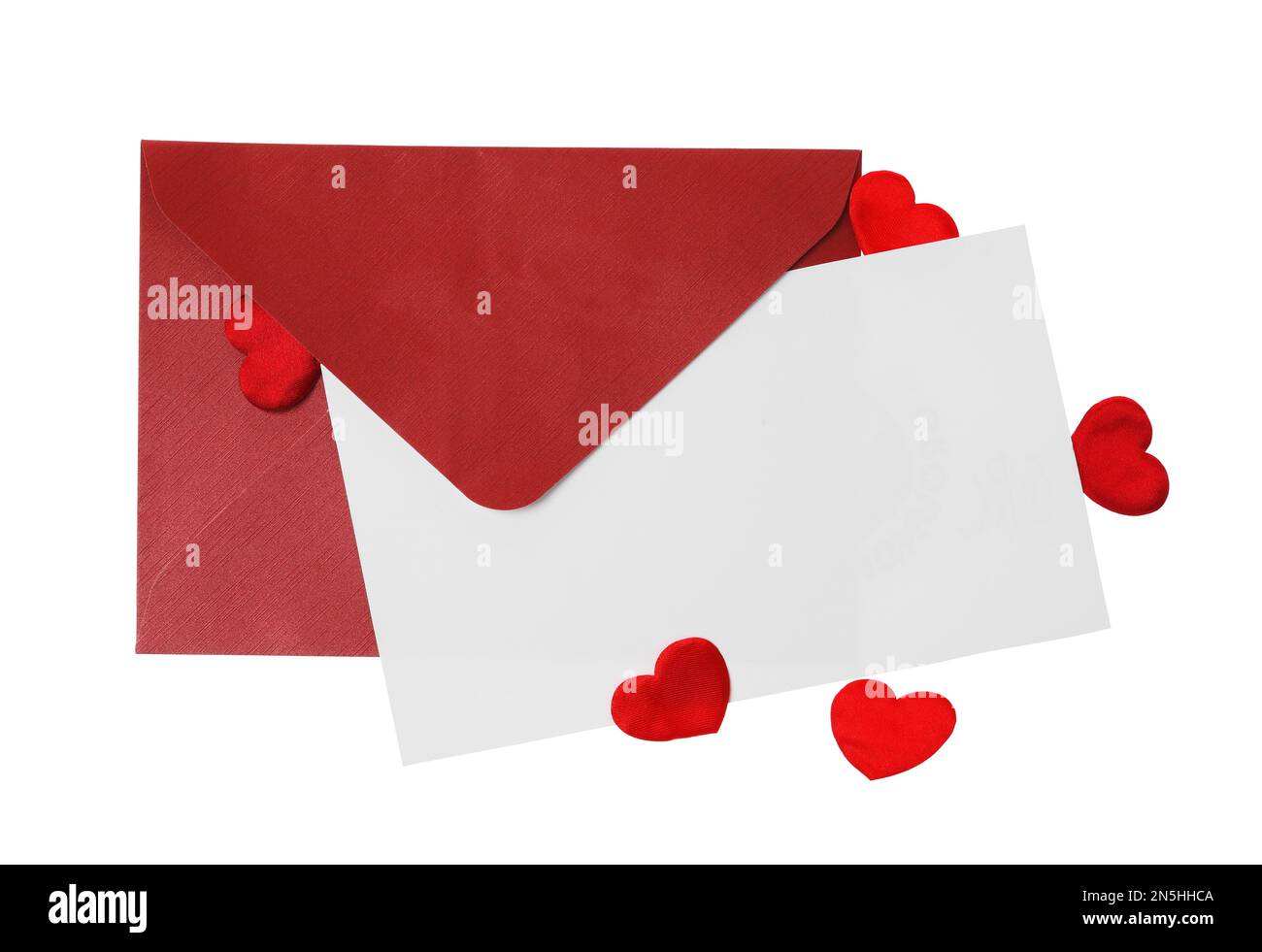 Blank Card Envelope And Red Decorative Hearts On White Background Top
