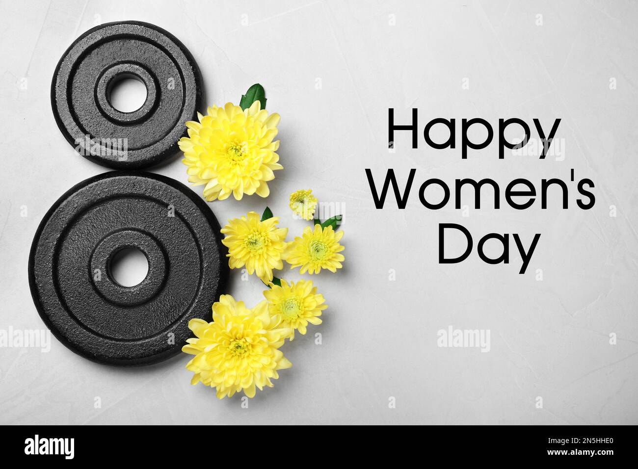 8 March greeting card design with chrysanthemum flowers, weight plates ...
