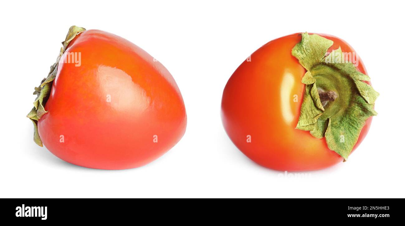 Delicious fresh ripe persimmons on white background, closeup. Banner ...
