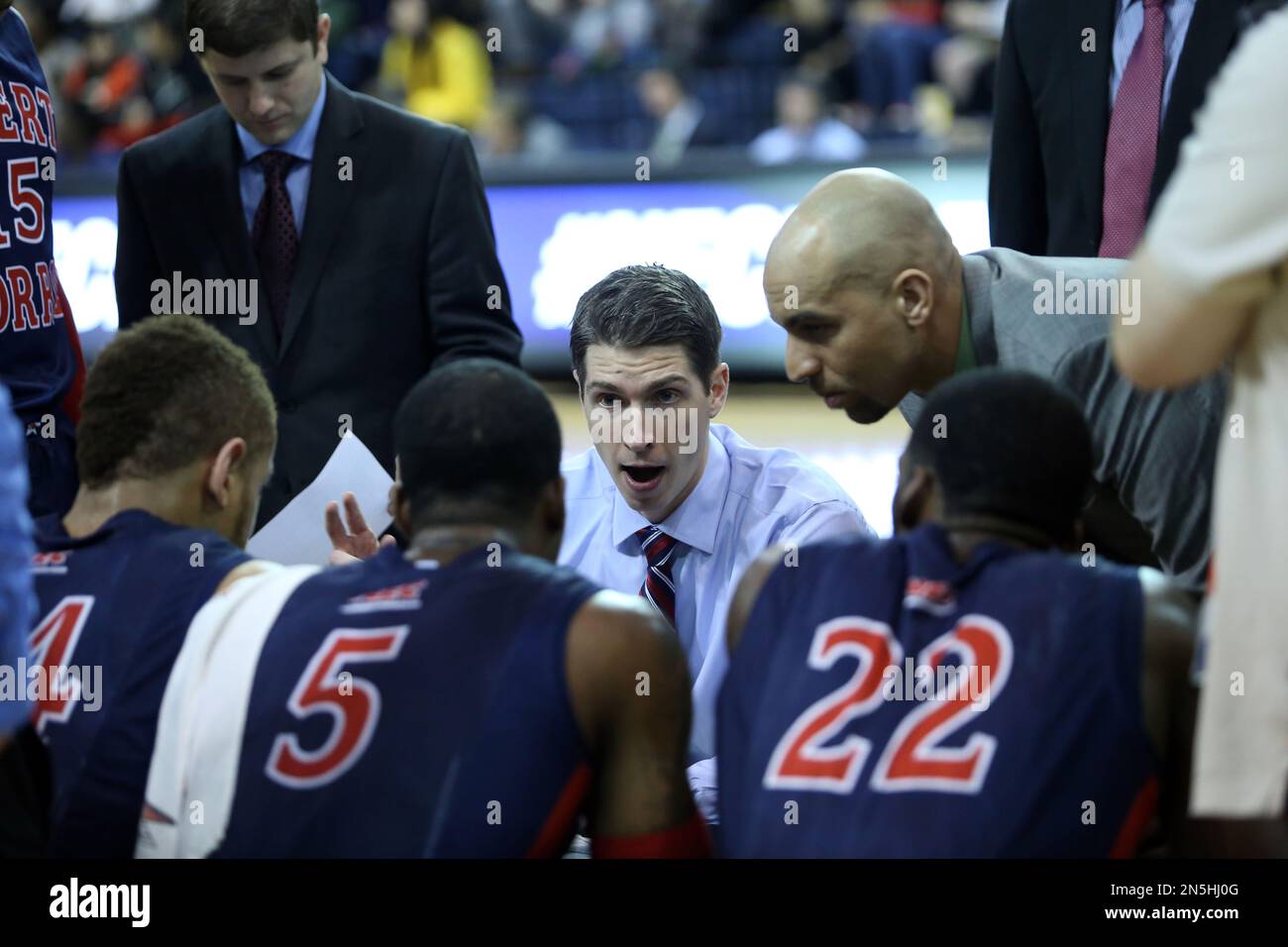 Robert Morris head coach Andrew Toole talks to his team during a ...