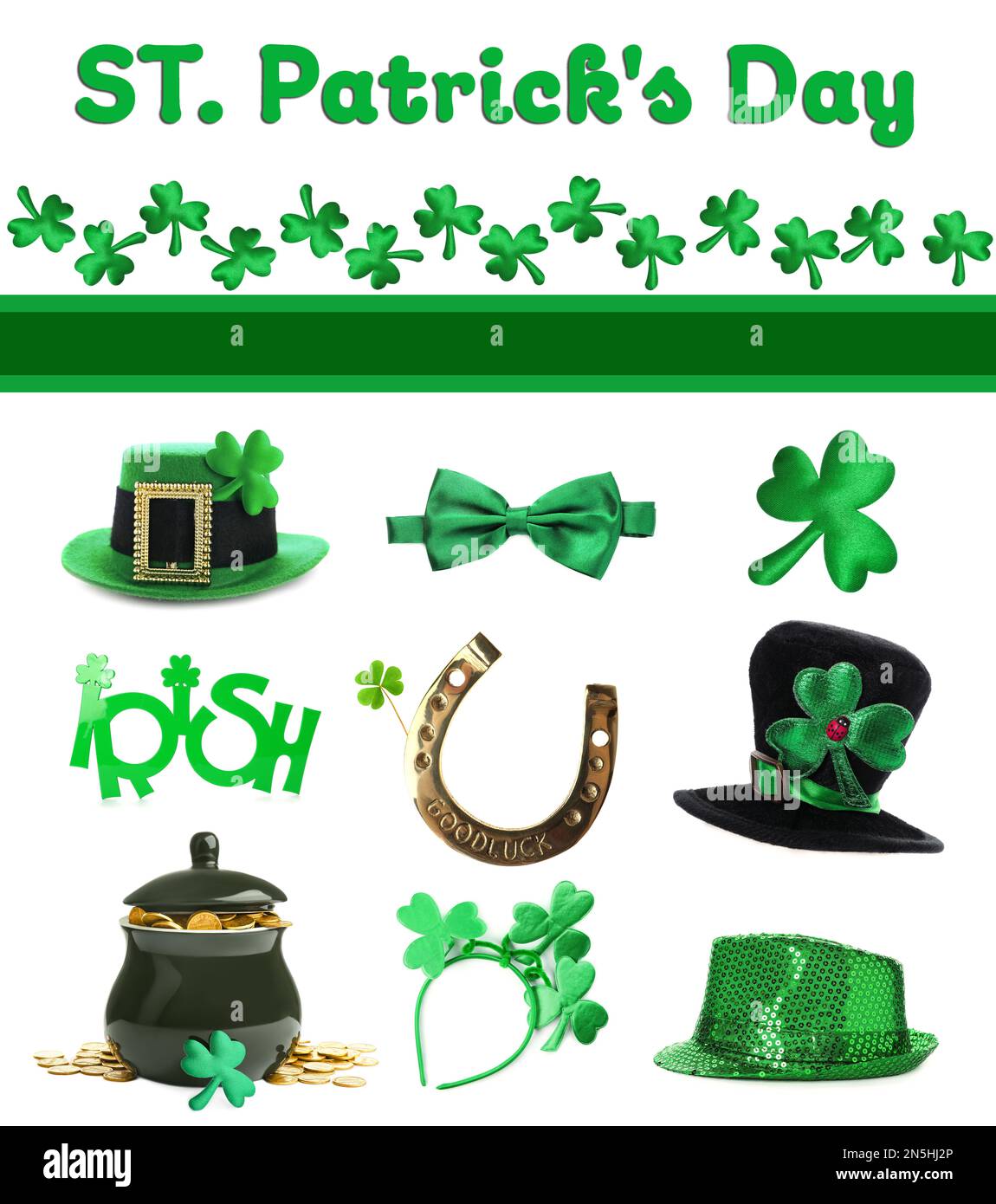 Set with traditional items for St. Patrick's Day celebration on white ...