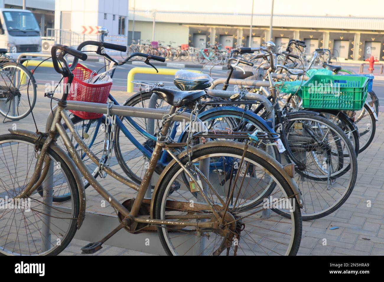 Dubai, UAE - 01-15-2023: Bicycle parked at Fruits and vegetable market ...