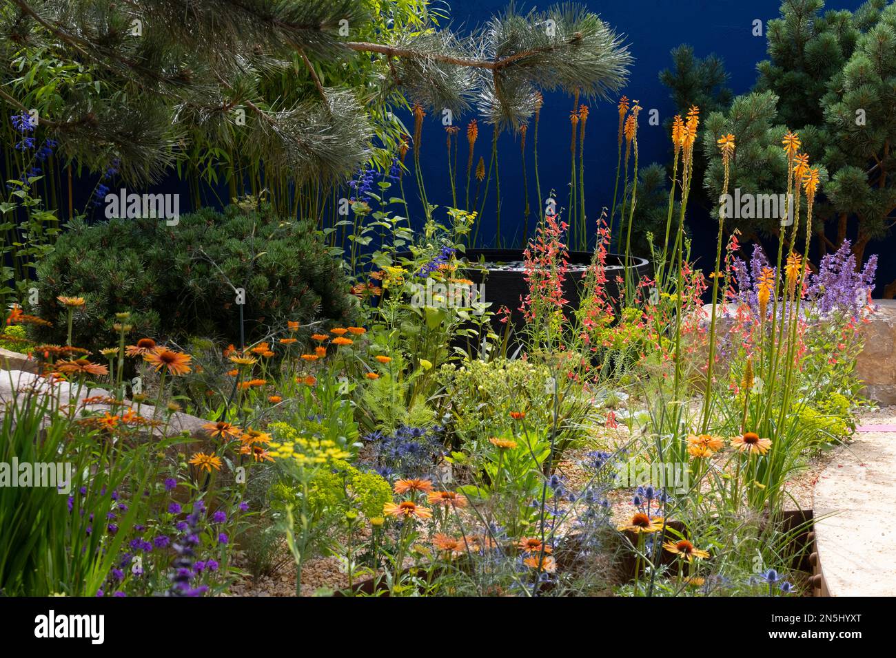 Hot colours around a circular water feature in the Over the Wall Garden ...