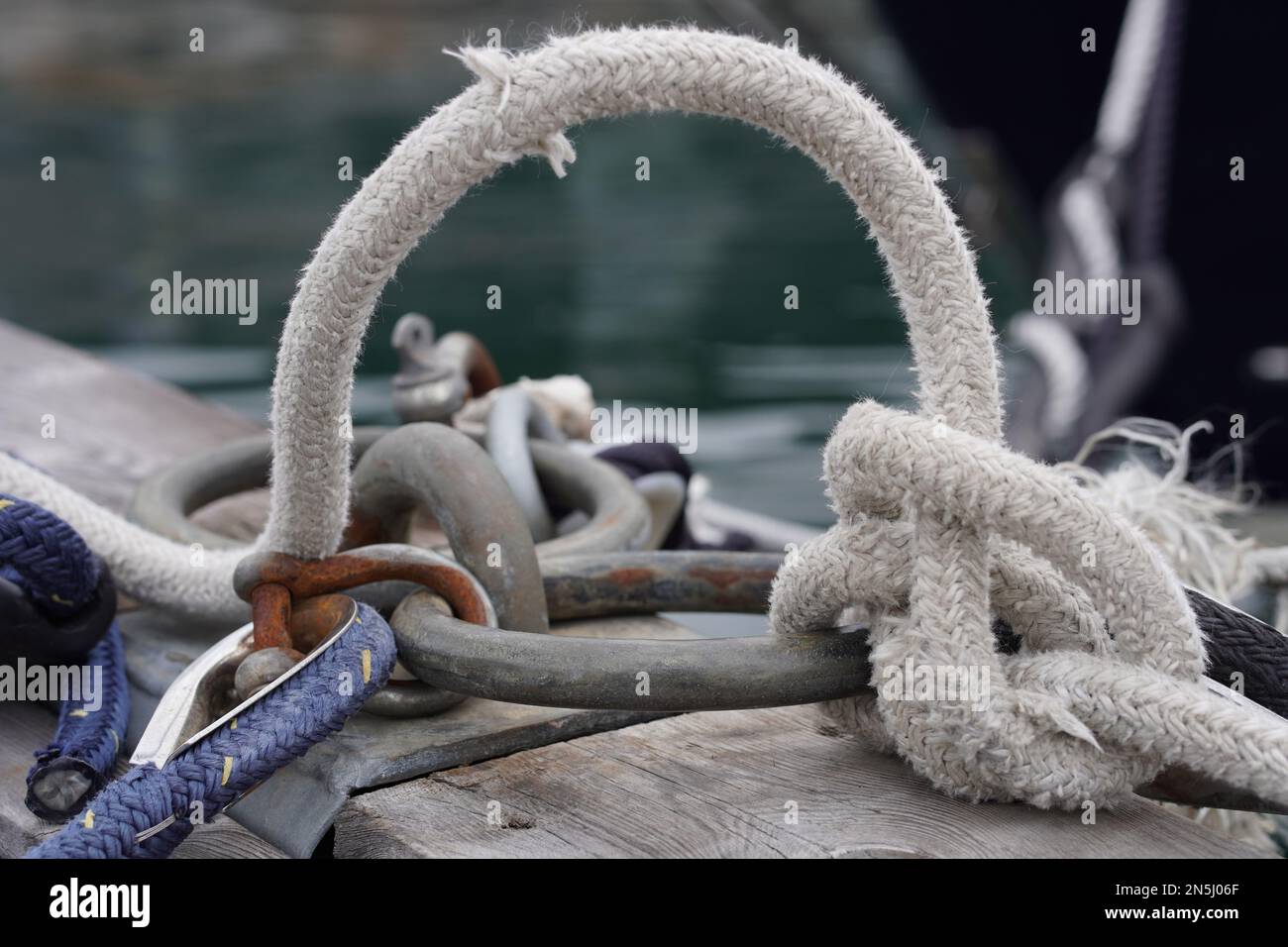 A close up shot of Knots for marine rope used to tie boats in a dock ...
