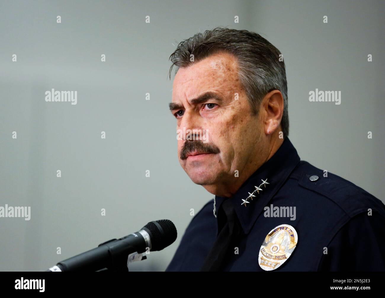 Los Angeles Police Chief Charlie Beck speaks during a news conference ...