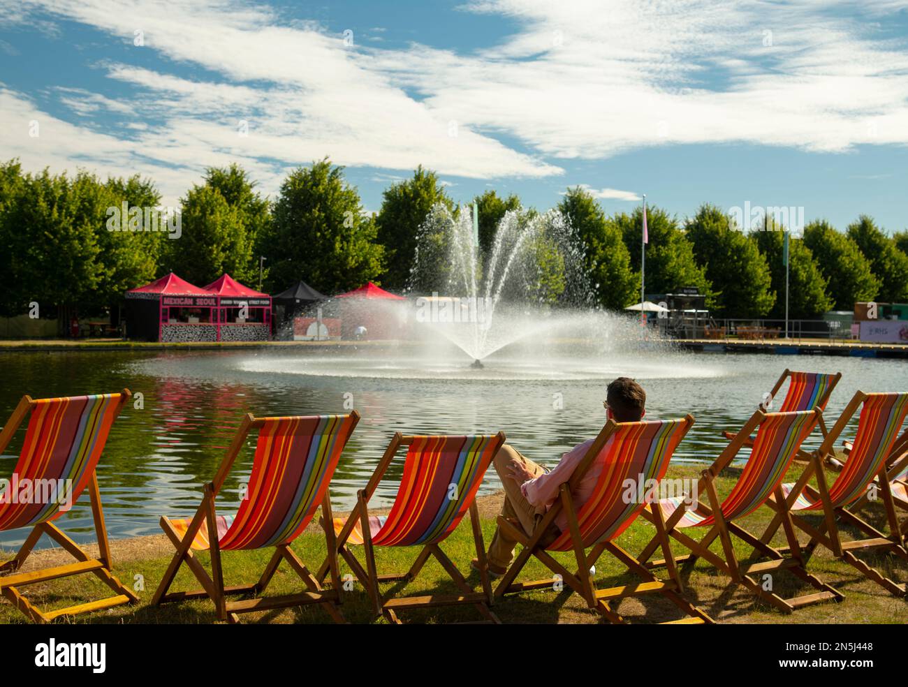 Colourful striped canvas chairs next to the Long Water and fountain at ...