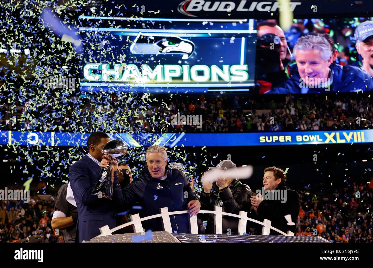Seattle Seahawks head coach Pete Carroll raises the Vince Lombardi ...