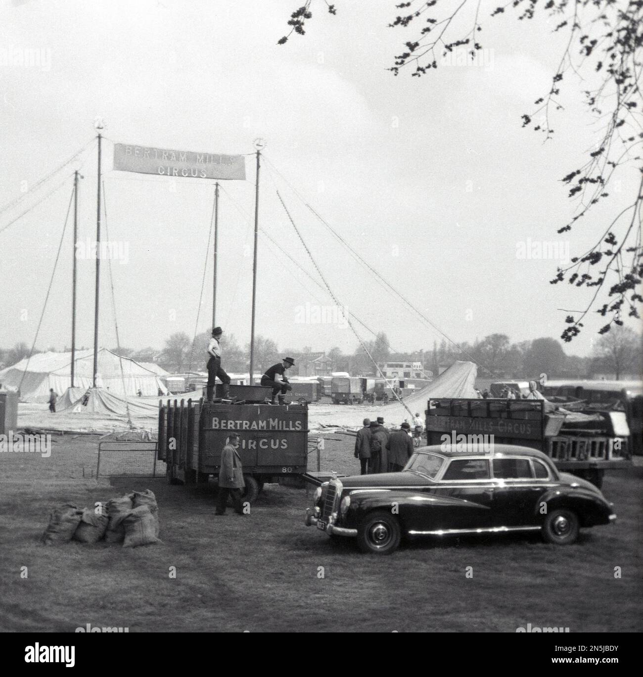 1955, historical, circus comes town, Bertram Mills circus, crew on ...