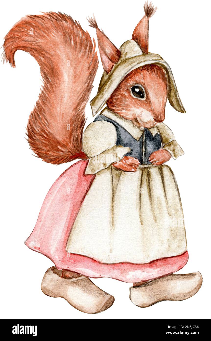 Hand drawn watercolor squirrel. Watercolor hand draw fairy tale ...