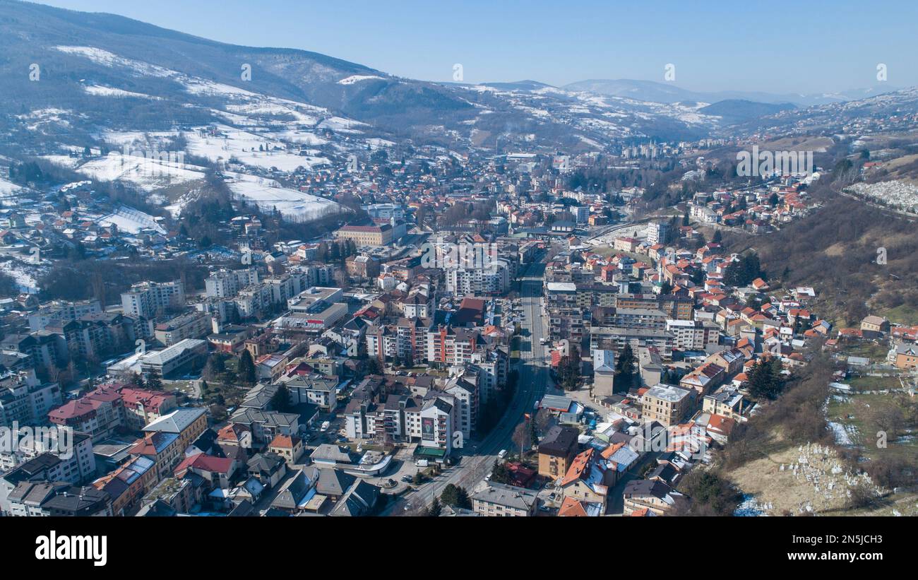Aerial photo taken on February 9 , 2023. shows view of Travnik city, in ...