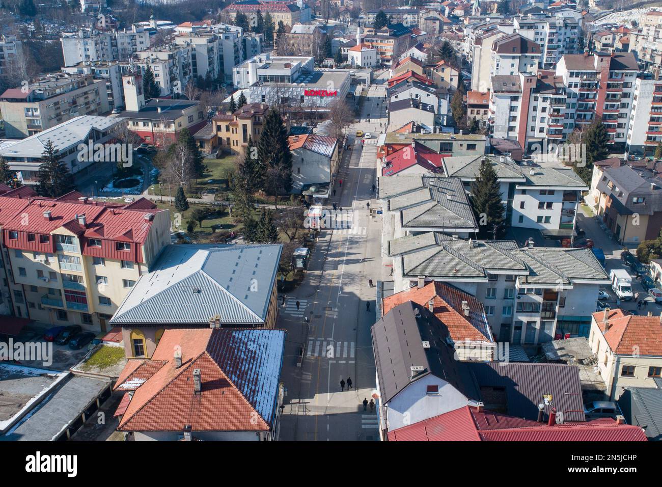 Aerial photo taken on February 9 , 2023. shows view of Travnik city, in ...