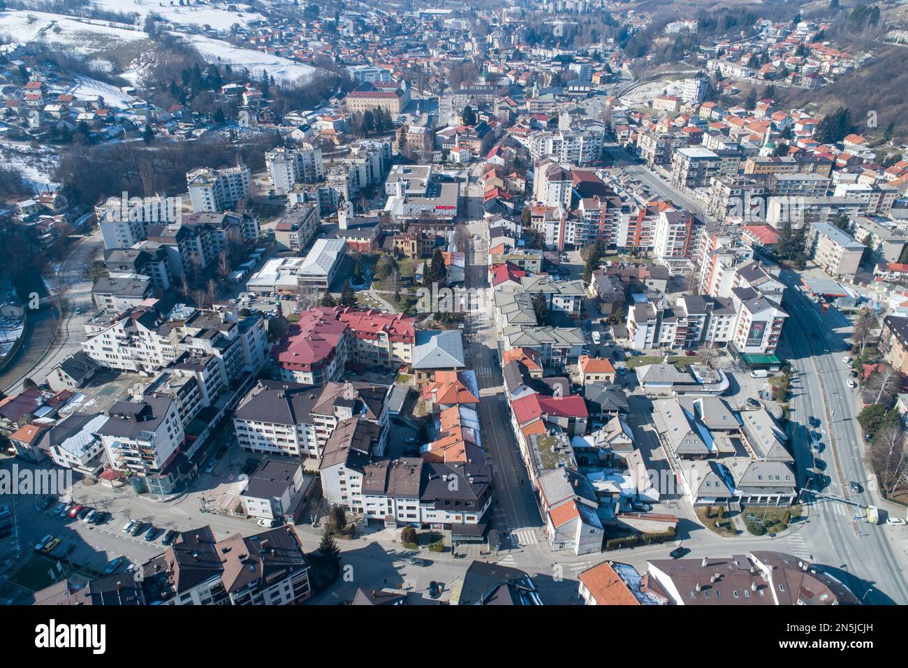 Aerial photo taken on February 9 , 2023. shows view of Travnik city, in ...