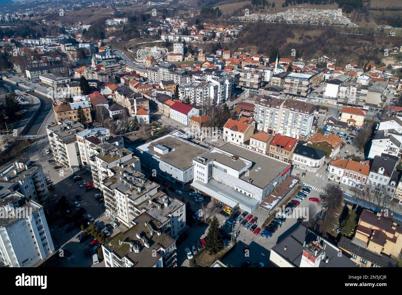 Aerial photo taken on February 9 , 2023. shows view of Travnik city, in ...