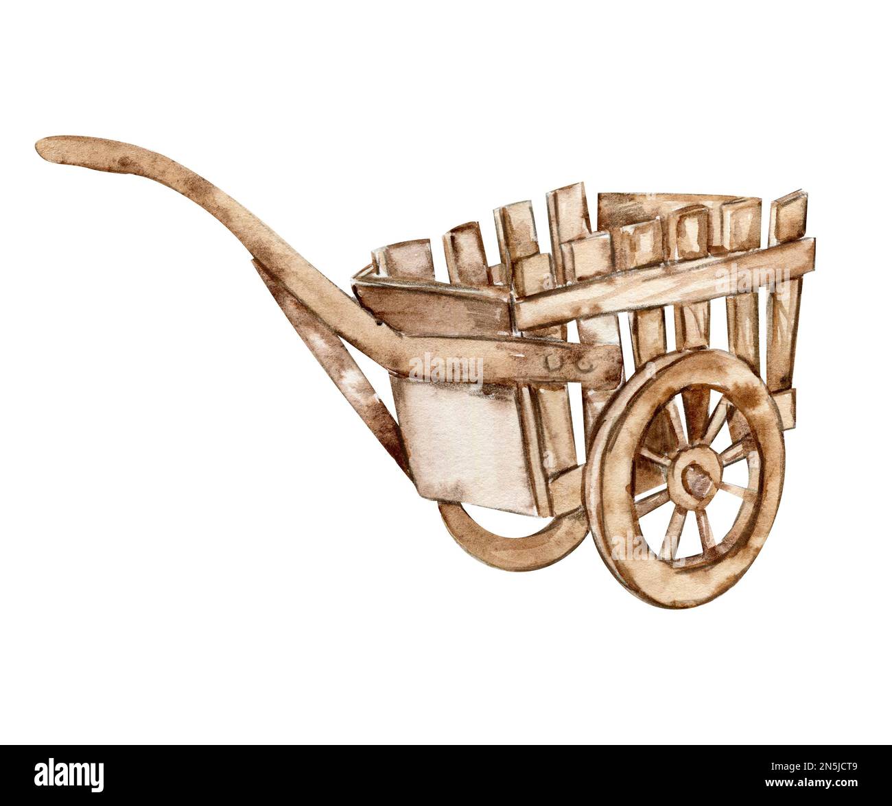 Watercolor hand drawn wooden cart. Cute hand painted illustration for ...