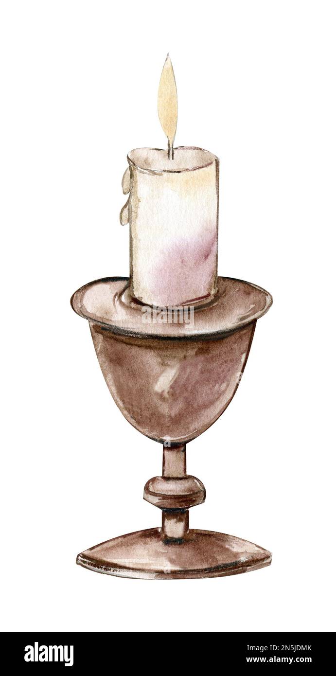 Watercolor illustration of an old metallic andelabrum with candle.An ...