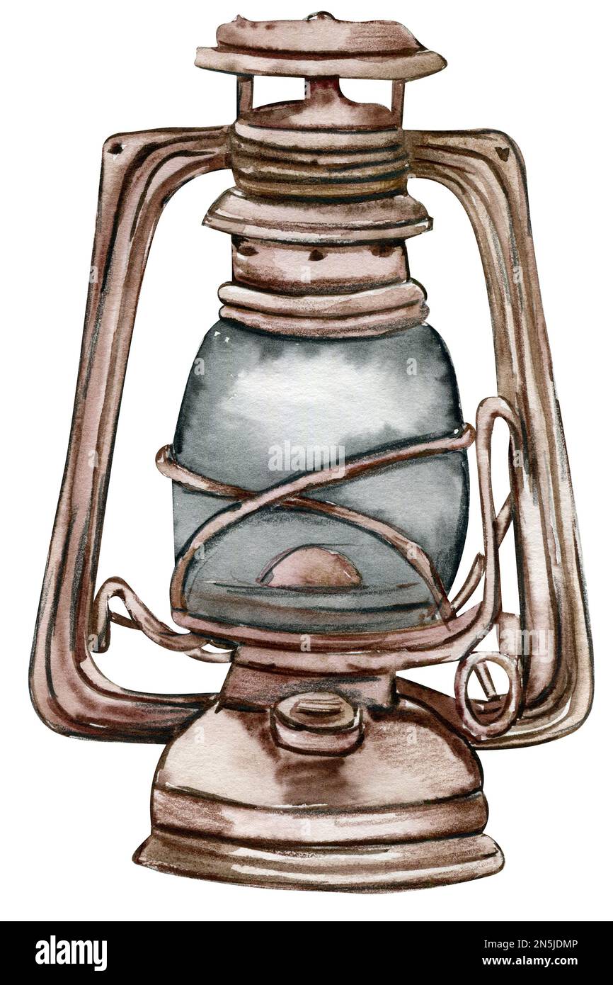 Watercolor illustration of rusty lamp. An old rusty enamel element ...