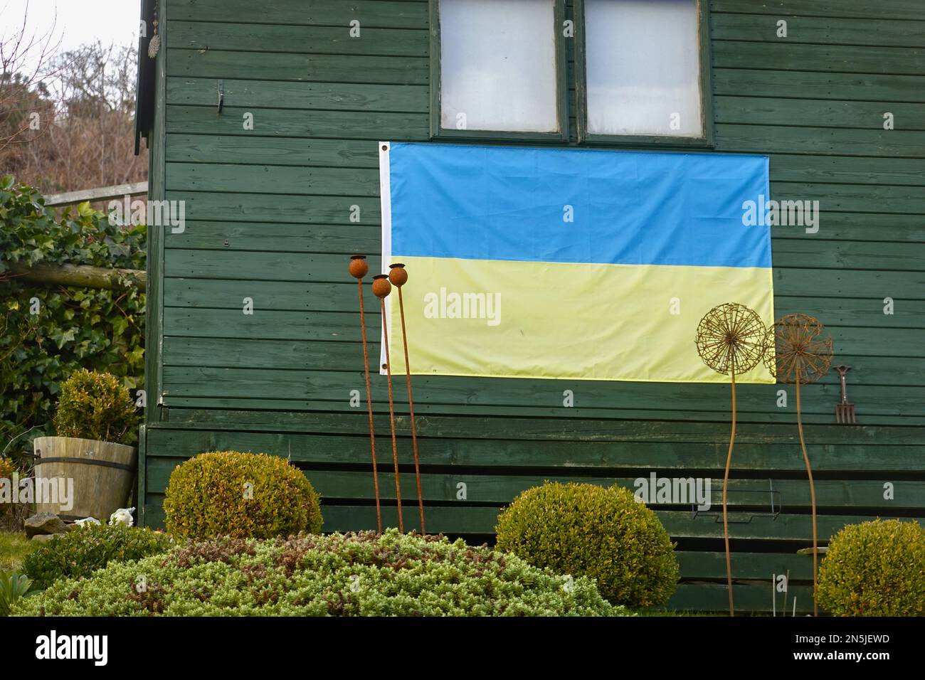 The Ukrainian flag fixed to a shed Stock Photo - Alamy
