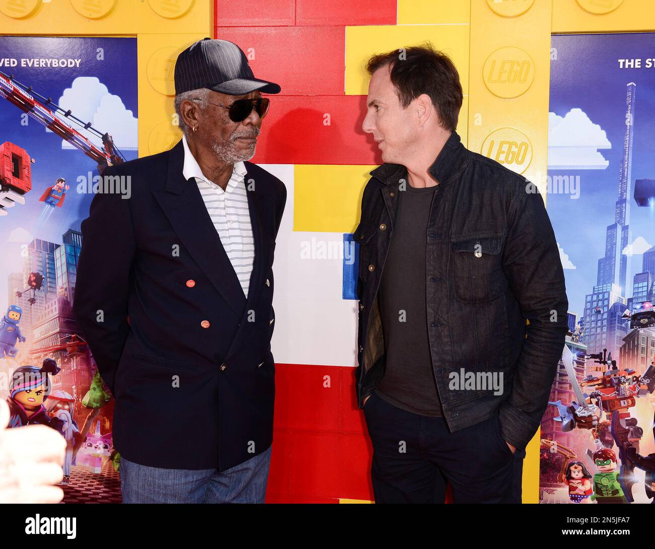 Actor Will Arnett, right, and actor Morgan Freeman seen at the premiere ...