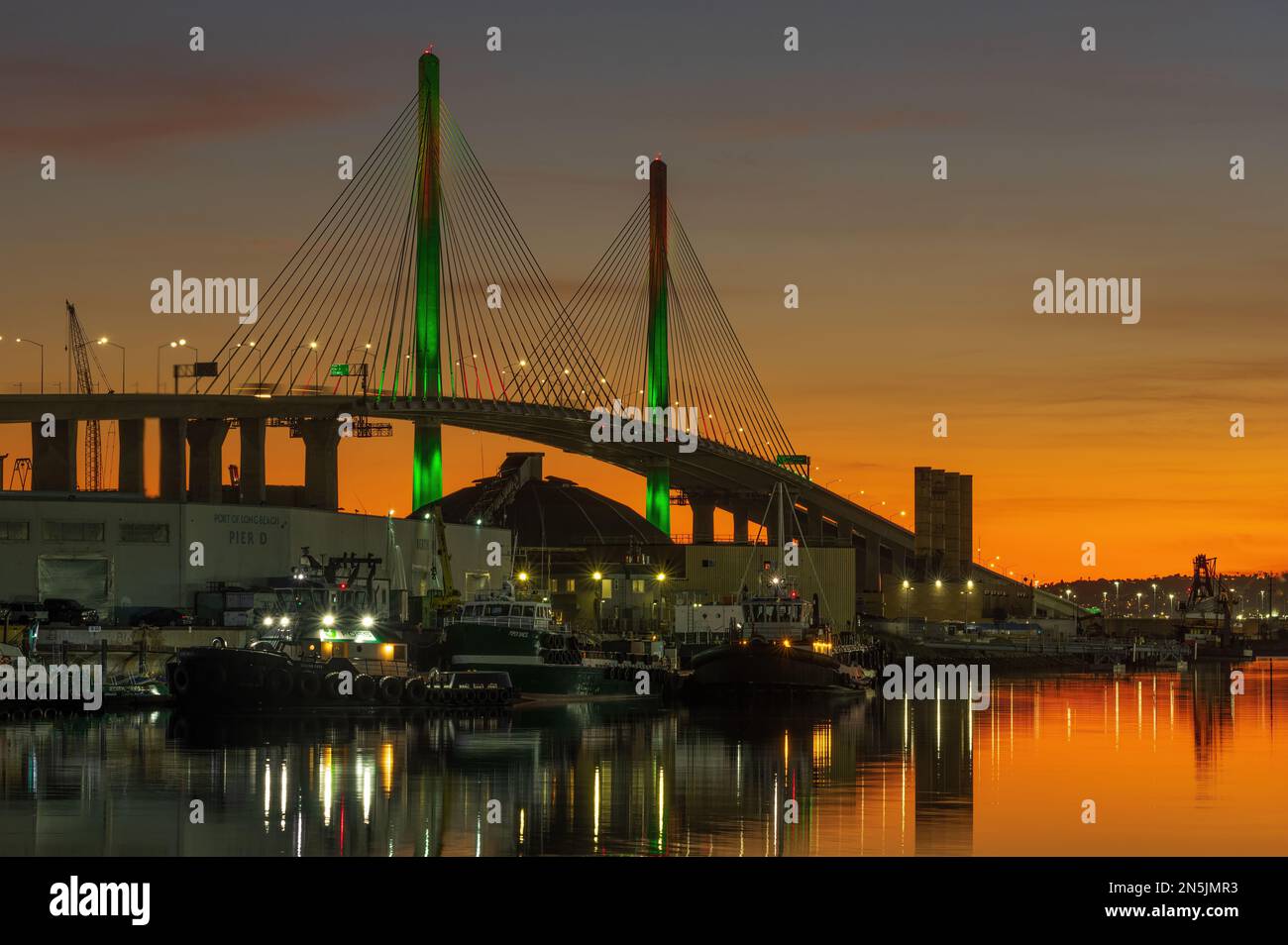 View of the Port of Long Beach, looking west, at dusk, showing the ...