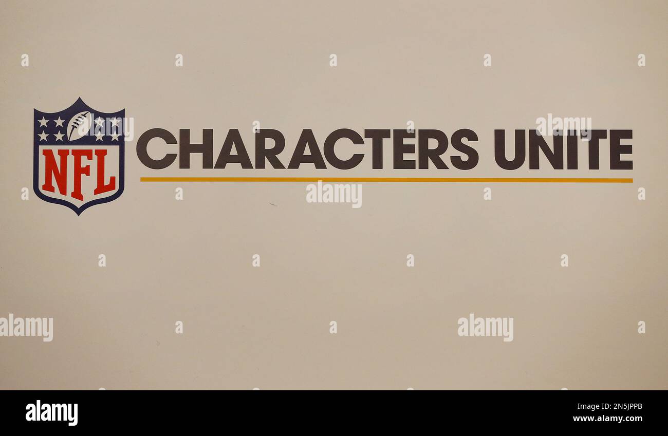 A detail view of the NFL Characters Unite logo is seen during a NFL ...
