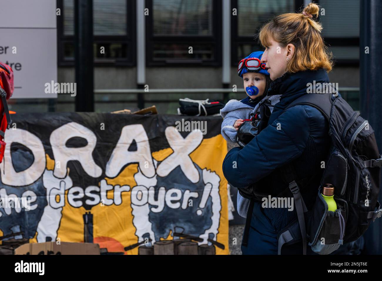 London, UK. 9th Feb, 2023. Drax the Destroyer banner - An Anti Drax ...