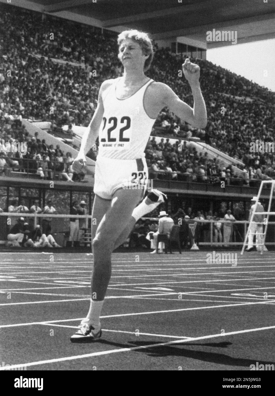 Steve Cram of England crosses the finish line to win the 12th ...