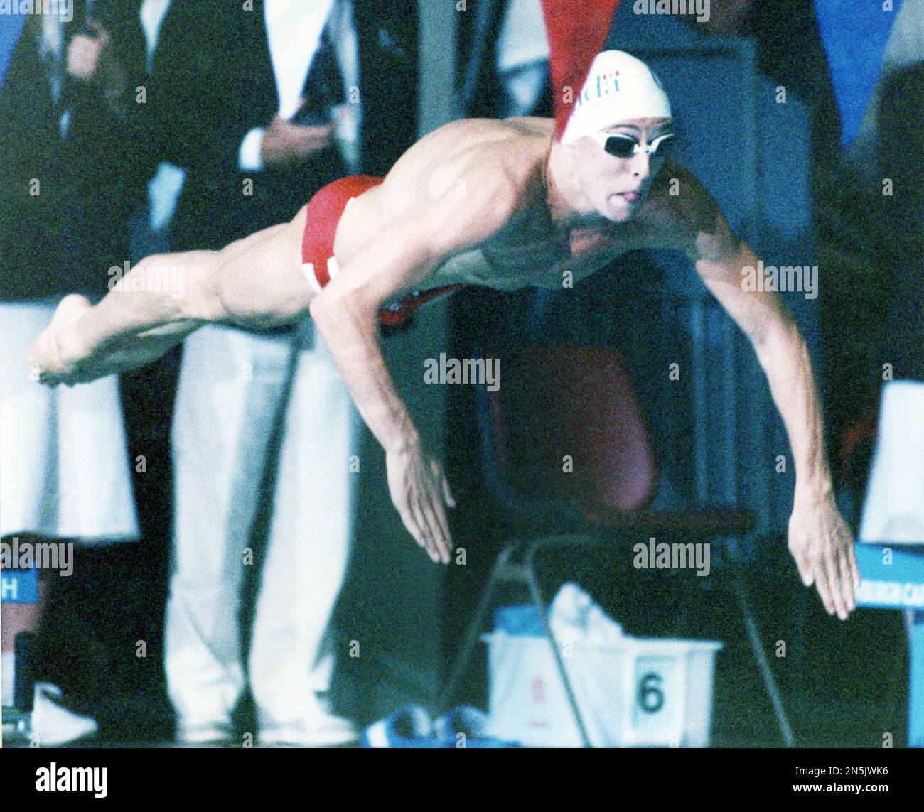 Canada's Alex Baumann gets a flying start in the final of the men's ...