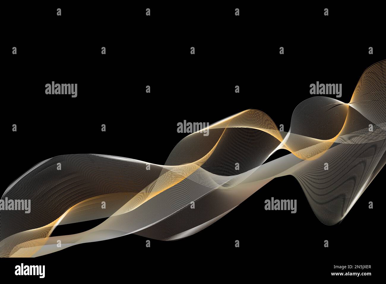 Golden squiggly lines on a black background with copy space. Abstract ...