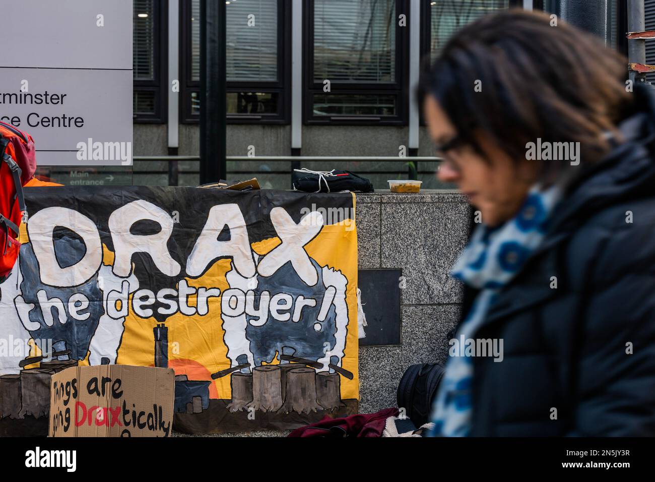 London, UK. 9th Feb, 2023. Drax the Destroyer banner - An Anti Drax ...
