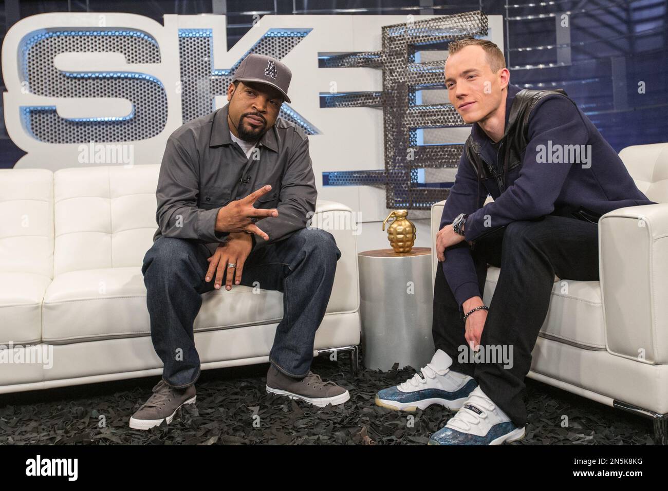 Ice Cube (L) and host DJ Skee on set during filming of SKEE Live during ...