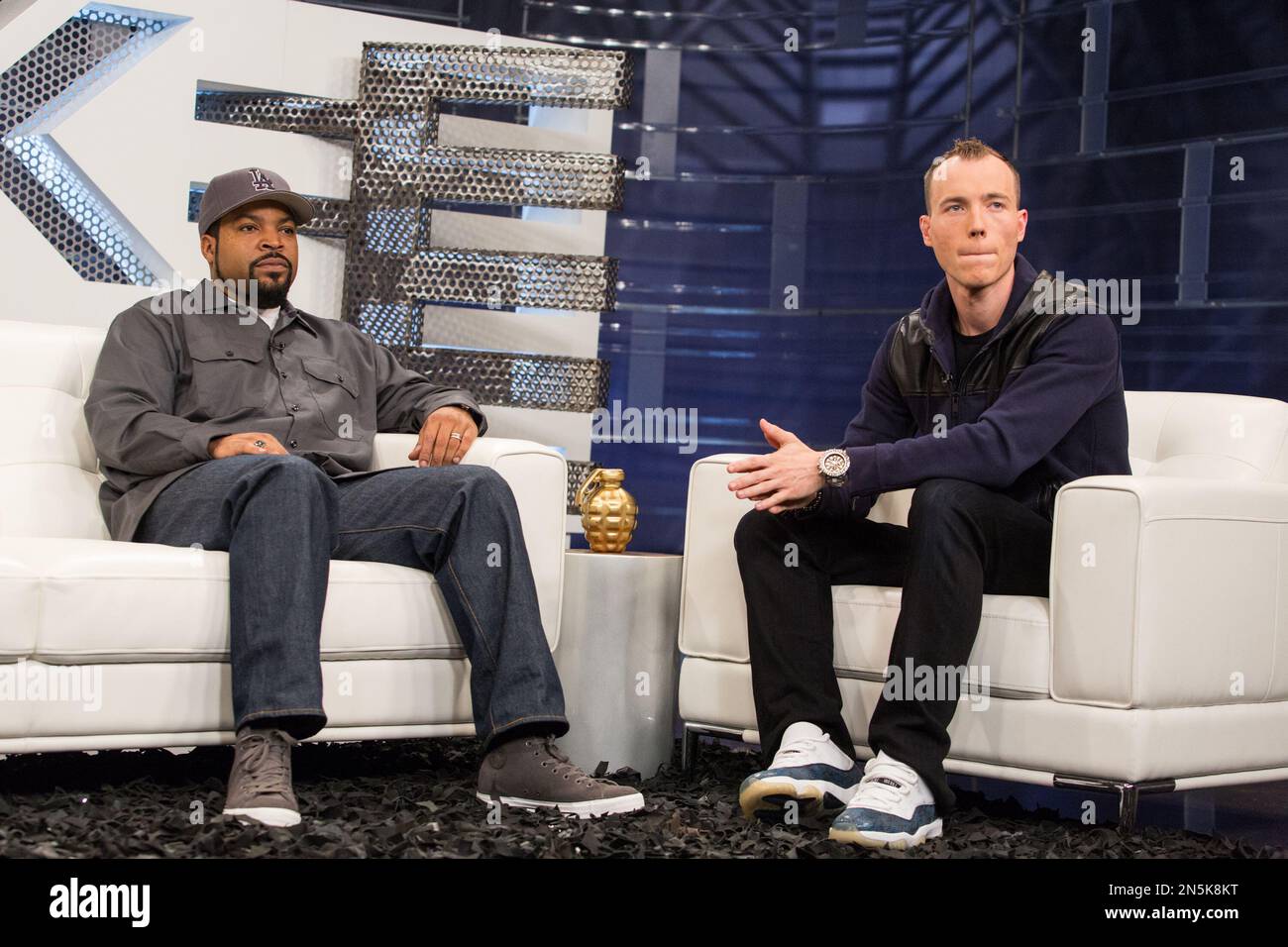 Ice Cube (L) and host DJ Skee on set during filming of SKEE Live during ...