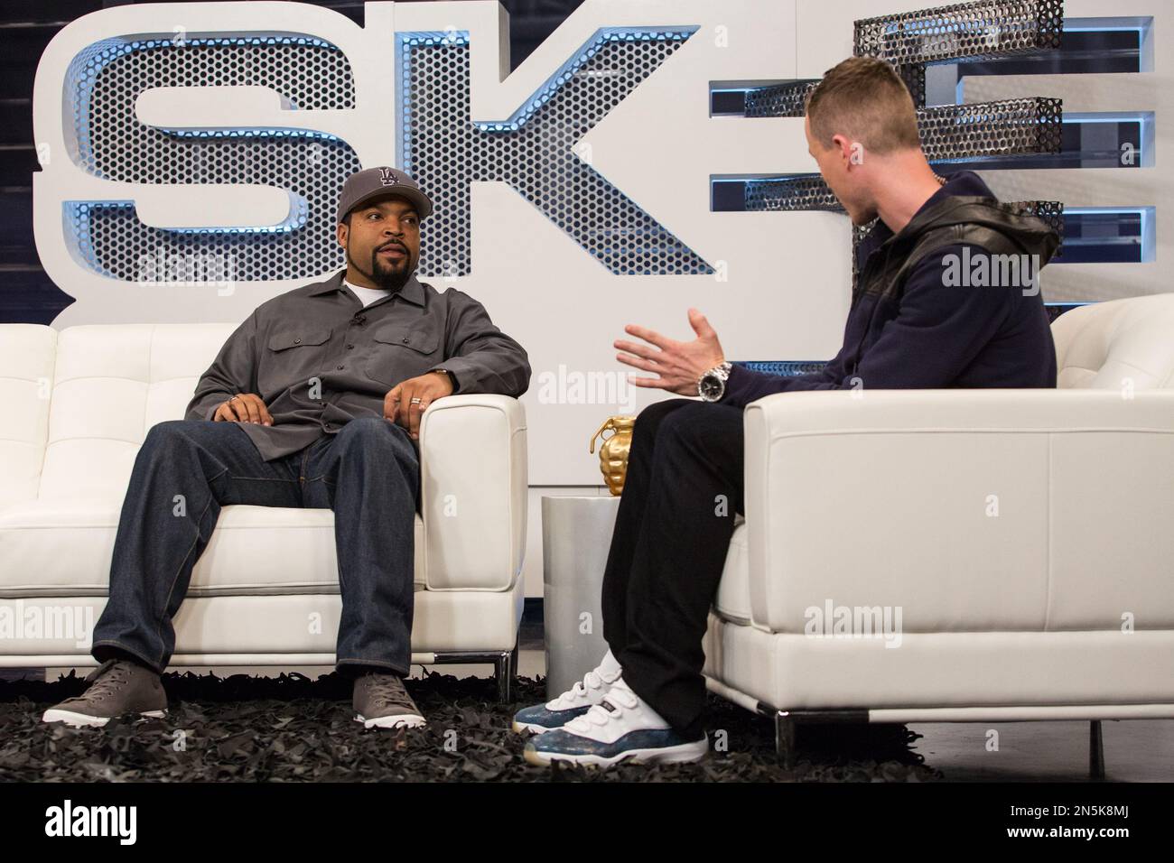 Ice Cube (L) and host DJ Skee on set during filming of SKEE Live during ...