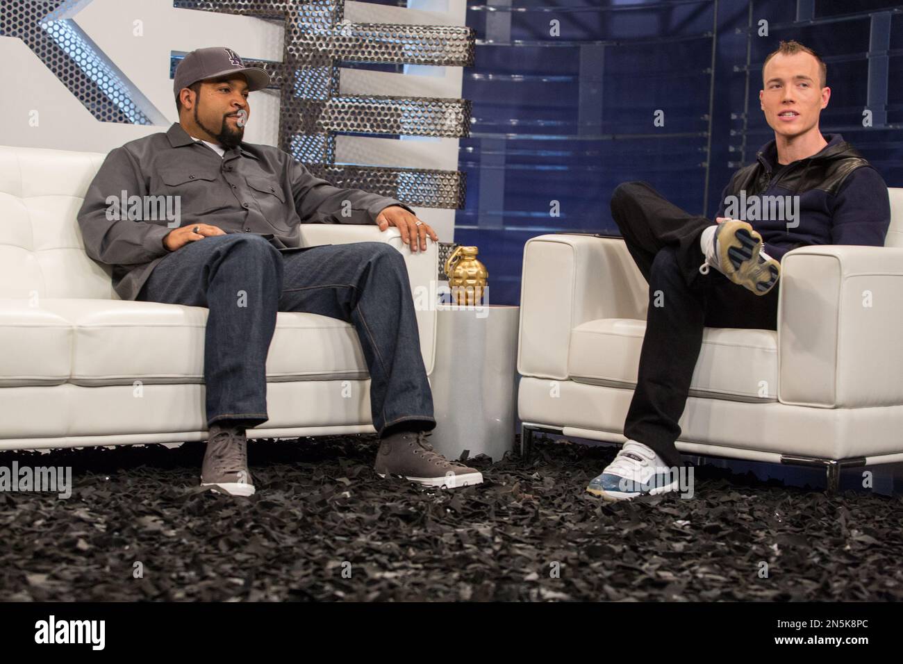Ice Cube (L) and host DJ Skee on set during filming of SKEE Live during ...