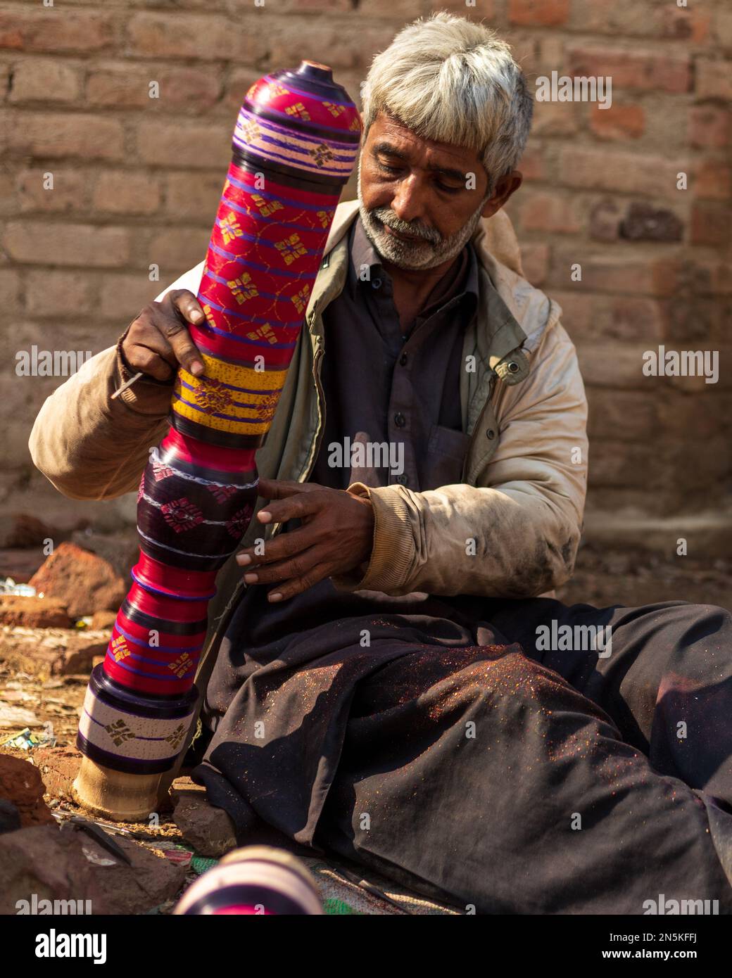 Hala Sindh 2022, An old man is making Colorful wooden Furniture of Hala ...