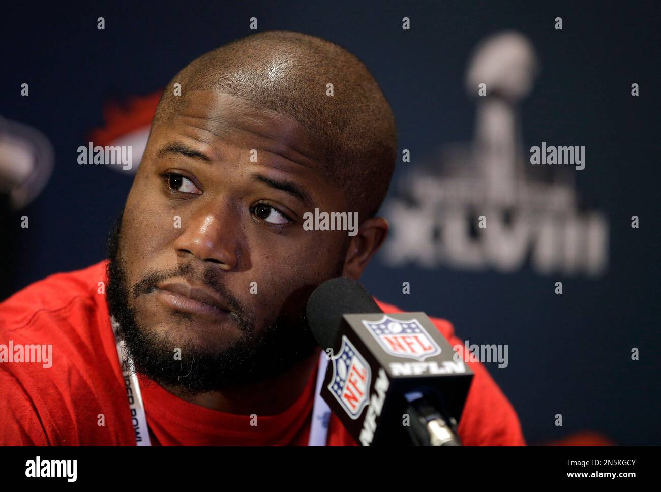 Seattle Seahawks fullback Michael Robinson listens to a question during ...
